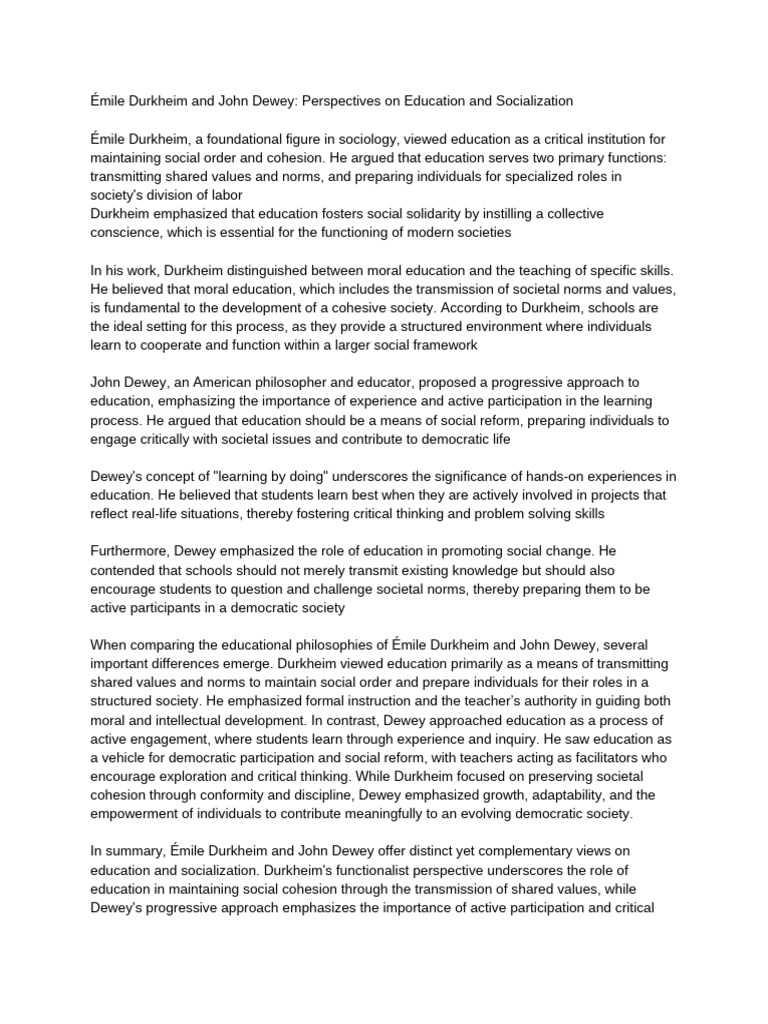 Durkheim and Dewey on Education's Role | PDF | Émile Durkheim | John Dewey