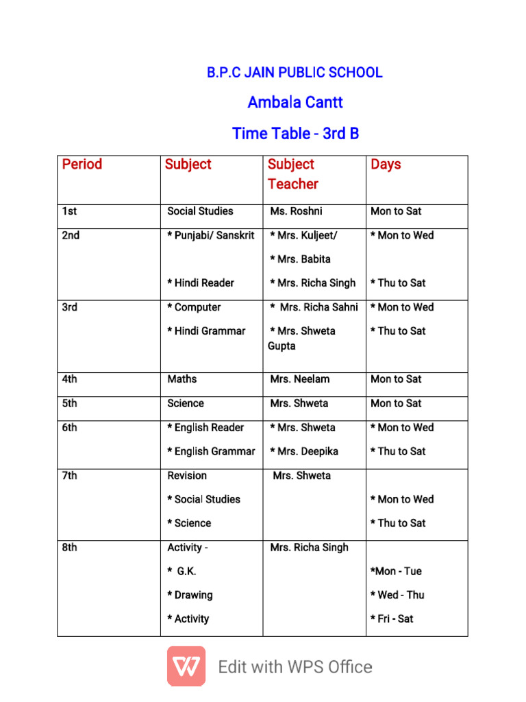 Time Table Class 3rd B | PDF