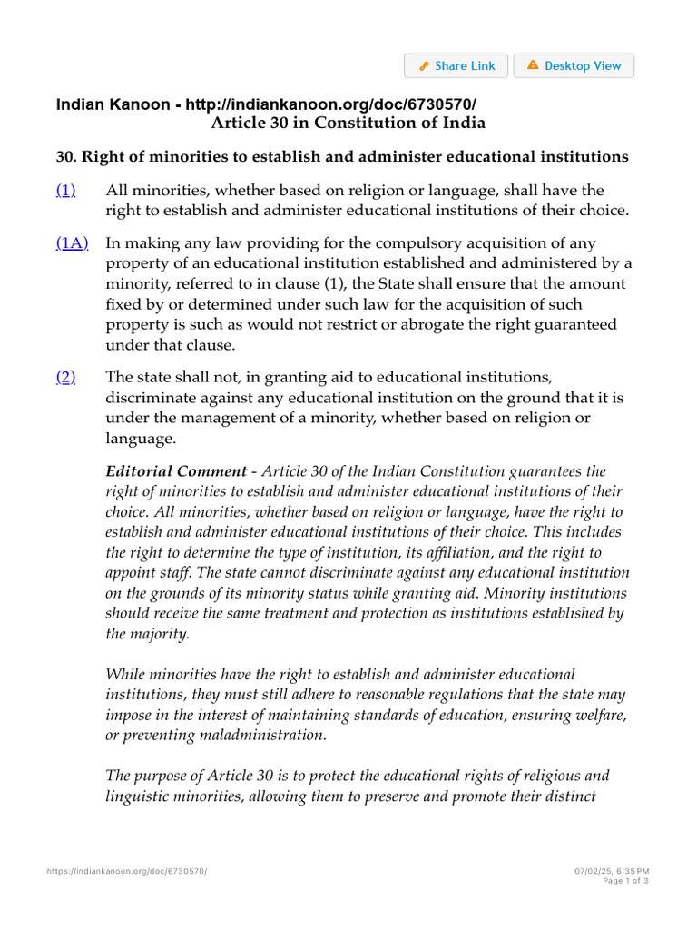 Article 30: Minority Educational Rights | PDF | Minority Group | Government