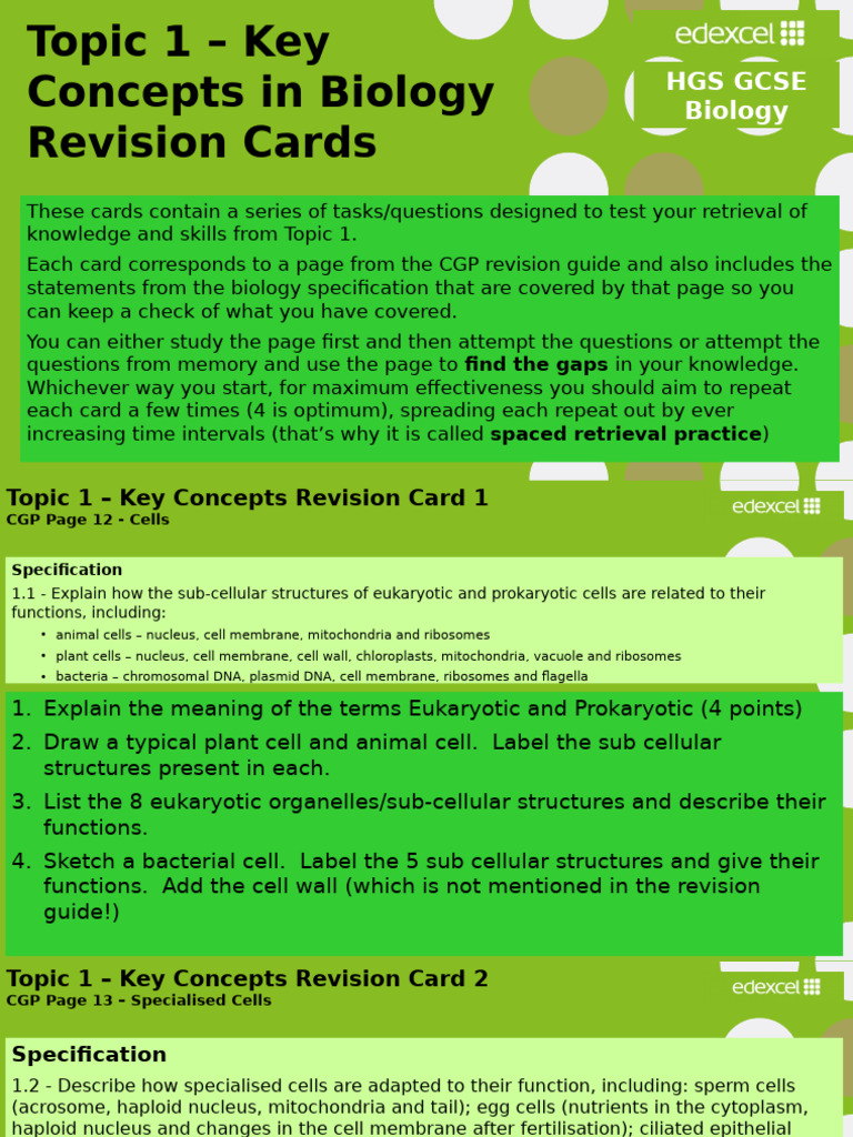 Topic 1 - Key Concepts in Biology Revision Cards | PDF | Cell (Biology ...