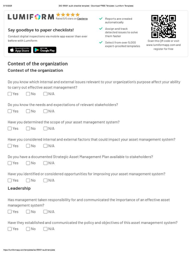 ISO 55001 Audit Checklist Template | PDF | Asset Management | Audit