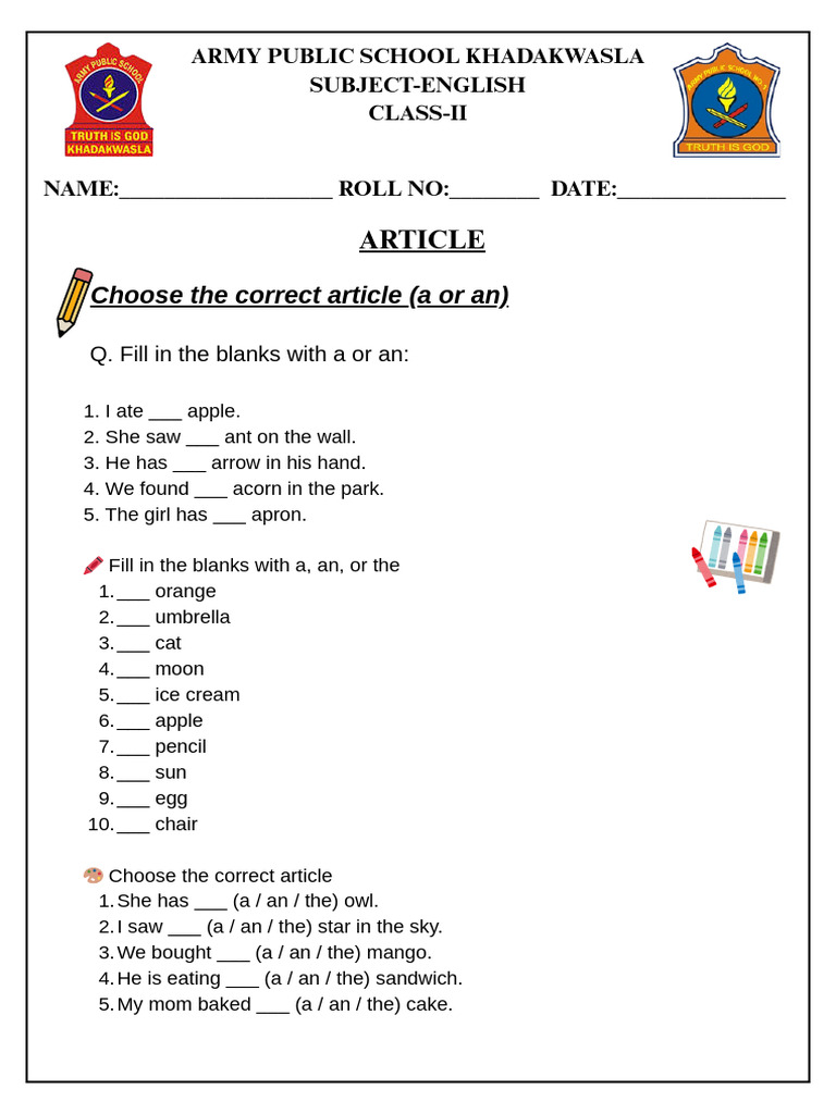 Article Worksheet for Class 2 | PDF