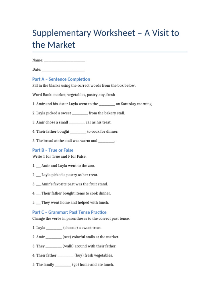 Visit To The Market Worksheet | PDF