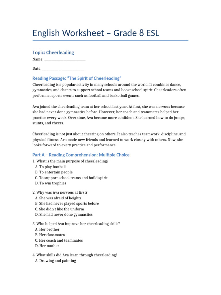 Cheerleading_Worksheet_Grade8 | PDF | Cheerleading | Gymnastics