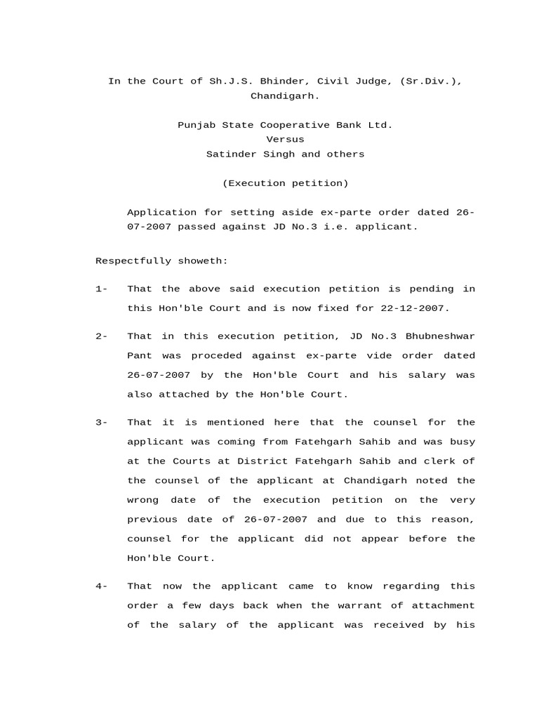 Bhubneshwar Pant - Appl For Setting Aside Exparte Order | PDF | Affidavit | Public Law