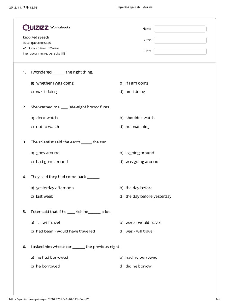 Reported speech _ Quizizz HW3 | PDF