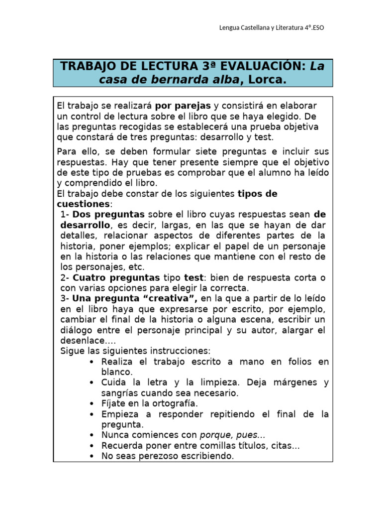 Trabajo de Lectura 4 Ev 4ºeso. 24 | PDF