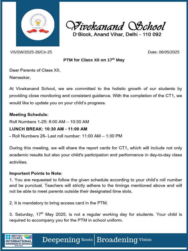 PTM For Class XII On 17th May 2025 | PDF