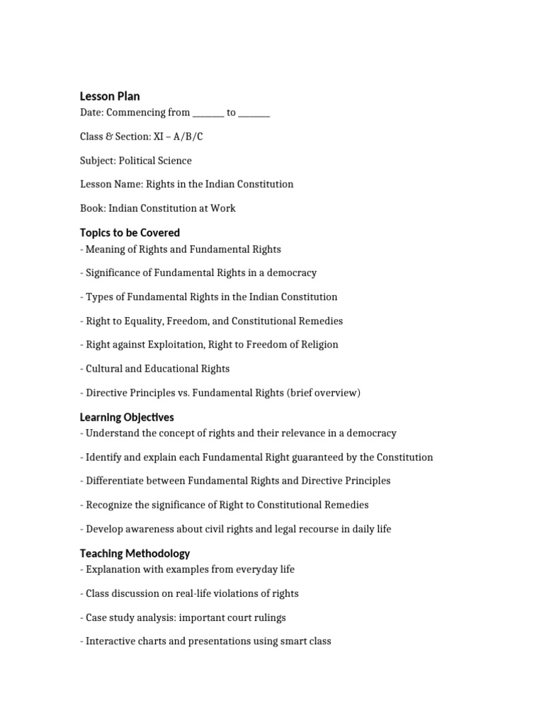 Fundamental Rights Lesson Plan for Class XI | PDF | Rights | Constitution