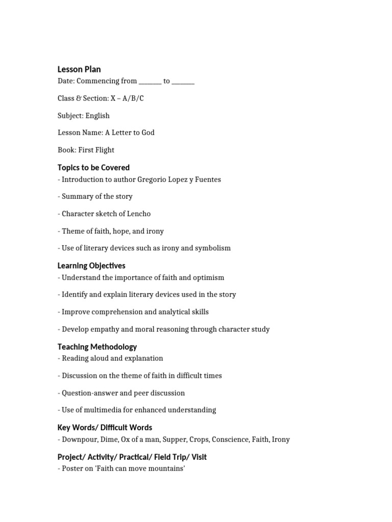 Lesson Plan for "A Letter to God" | PDF | Faith | Lesson Plan
