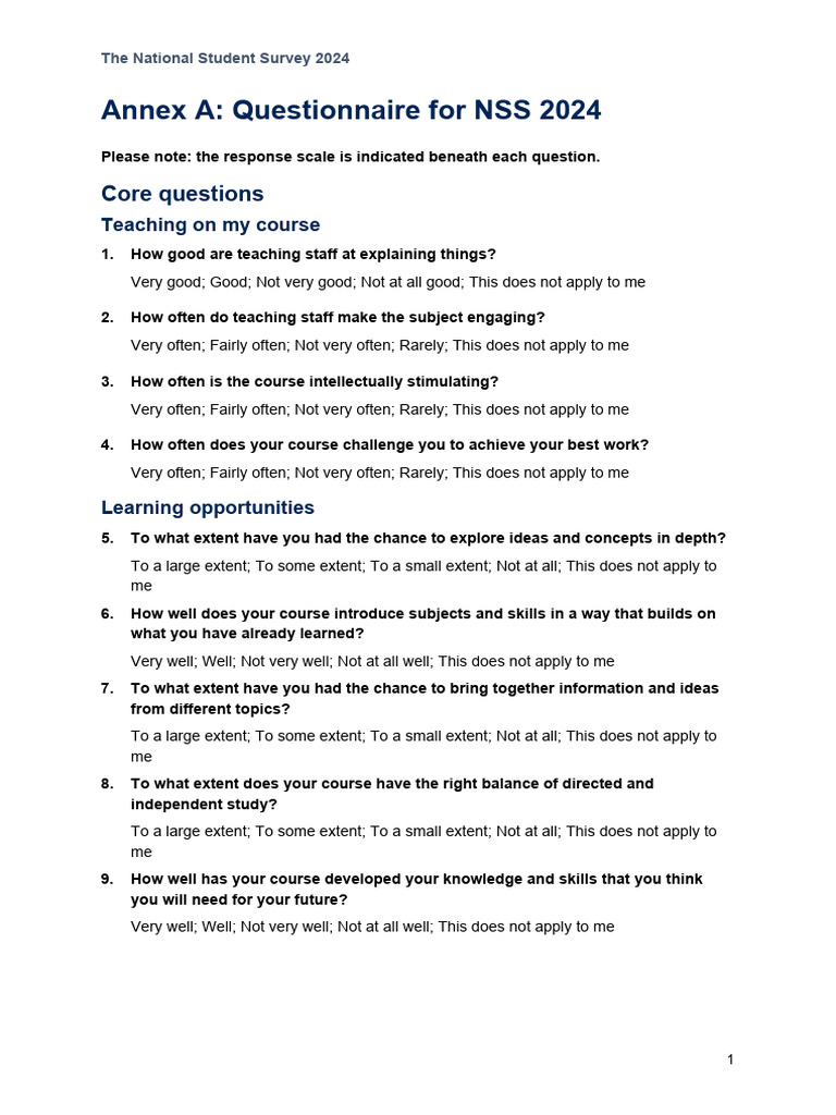 NSS 2024 Questionnaire Overview | PDF | Learning | Cognition