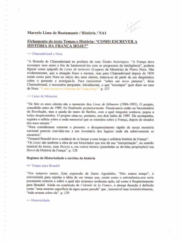 Fichamento Do Texto Tempo e História | PDF