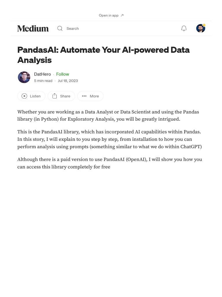 PandasAI - Automate Your AI-powered Data Analysis - by DatHero - Medium | PDF | Artificial ...