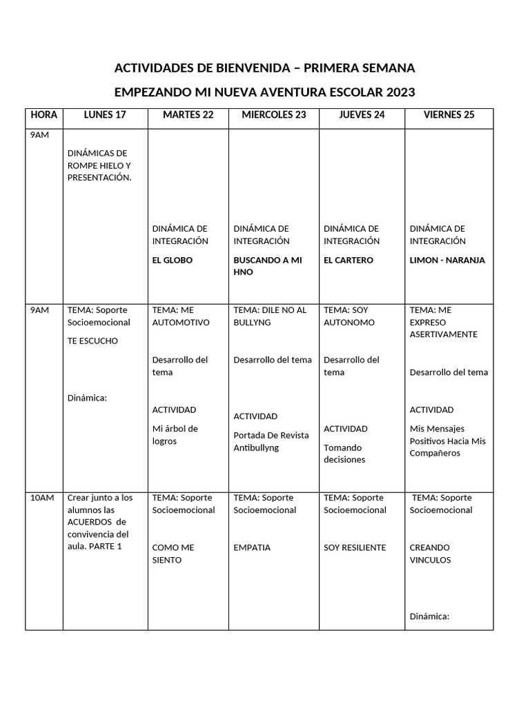 Propuesta de Actividades - 1era Semana de Bienvenida (1) | PDF | Las ...