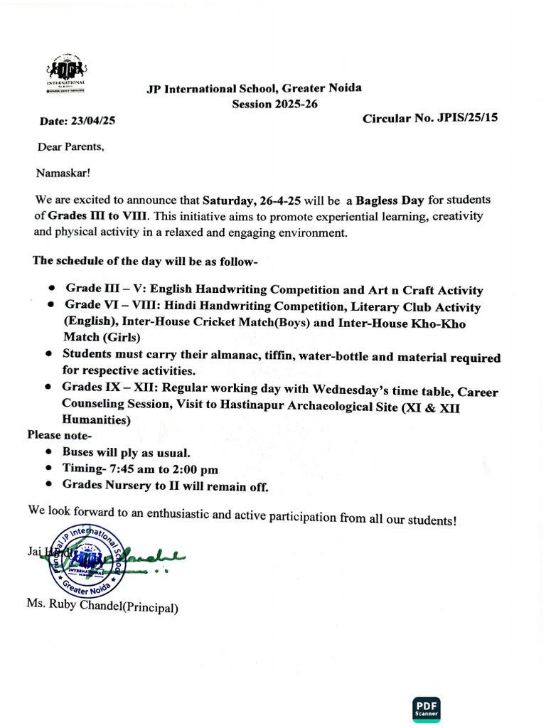 Circular No 15 (Bagless Day) | PDF