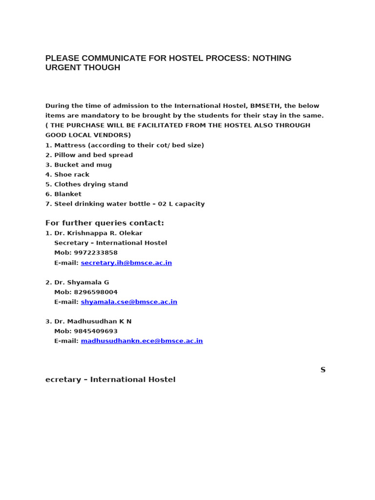 Hostel Only Information | PDF