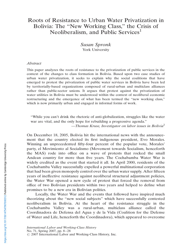 Roots of Resistance To Urban Water Privatization in Bolivia The New ...