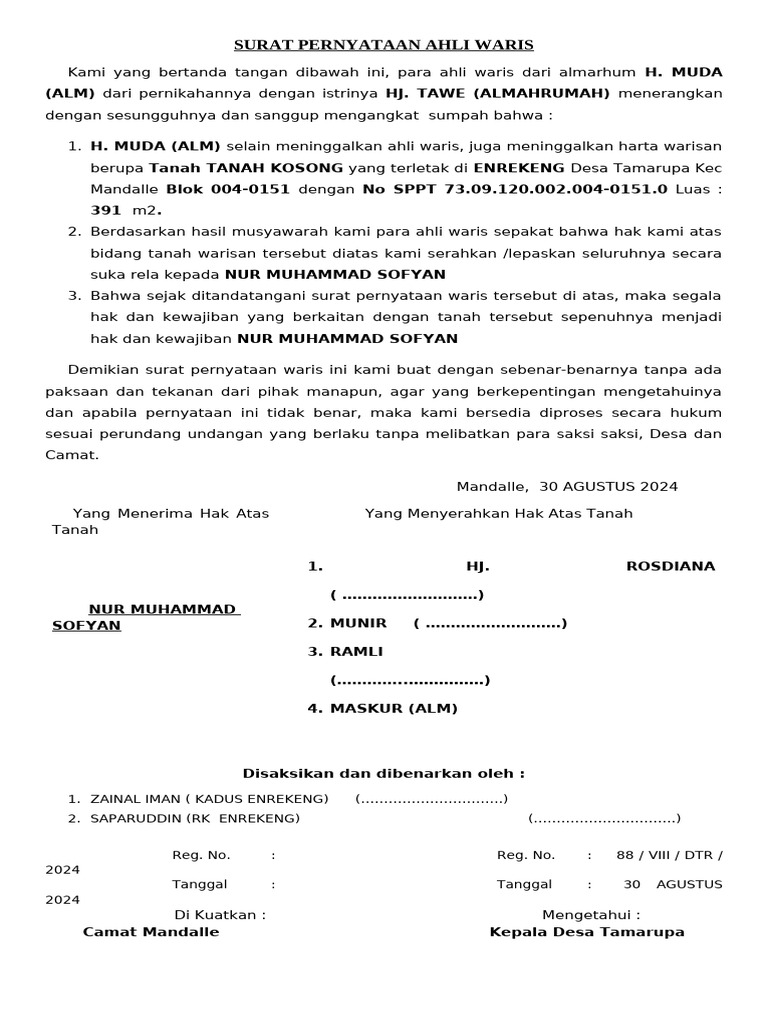 Surat Pernyataan Ahli Waris Bru | PDF