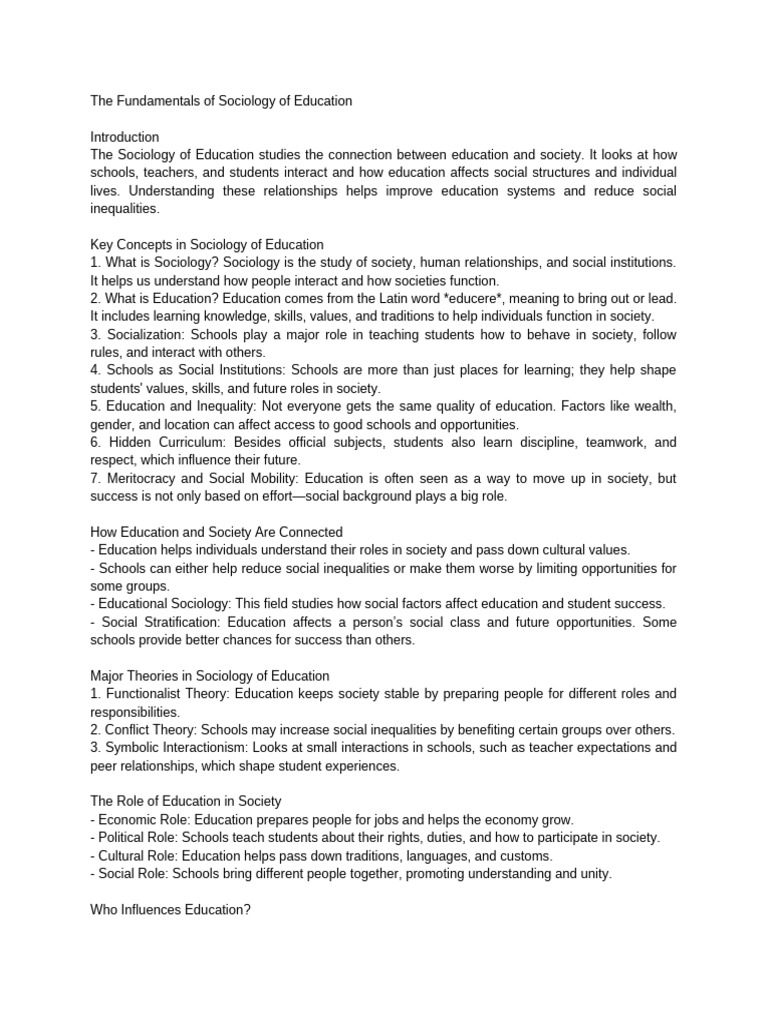 The Fundamentals of Sociology of Education | PDF | Society | Sociology