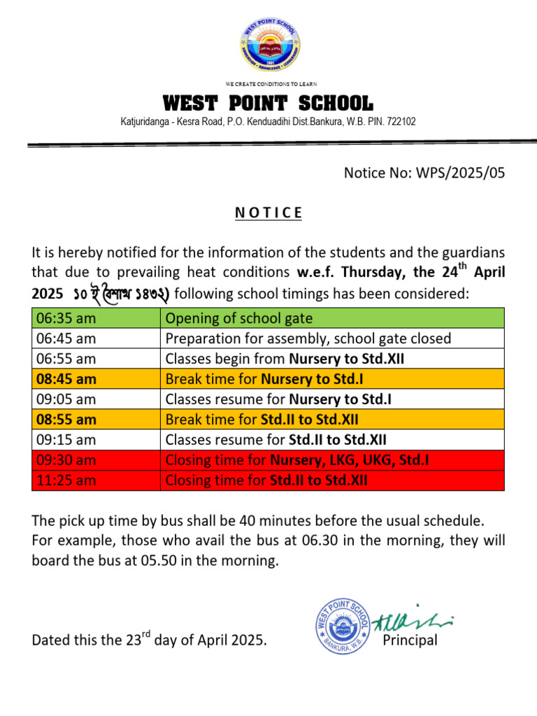 West Point School Heat Timings Notice | PDF