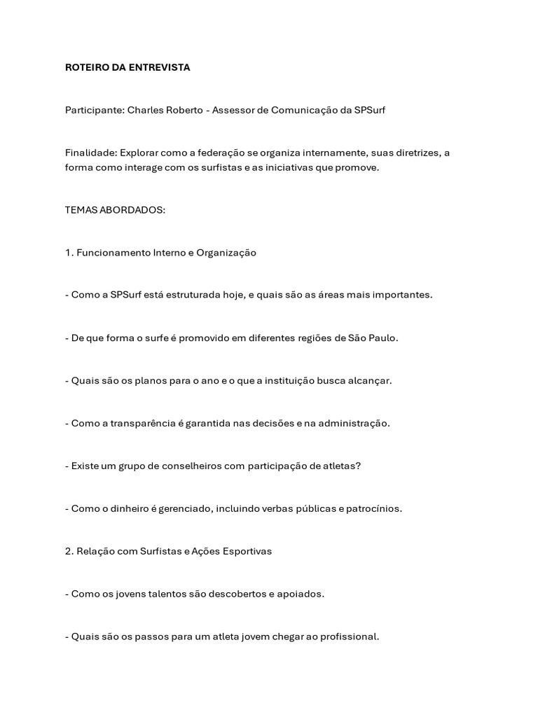 Pauta Entrevista Charles Roberto | PDF