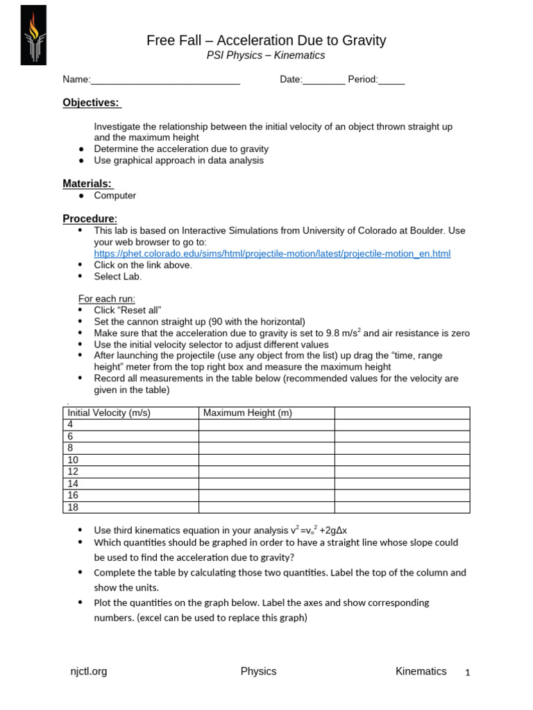 AP Physc M Kinematics 1d Free Fall Lab 2024-08-24 | PDF