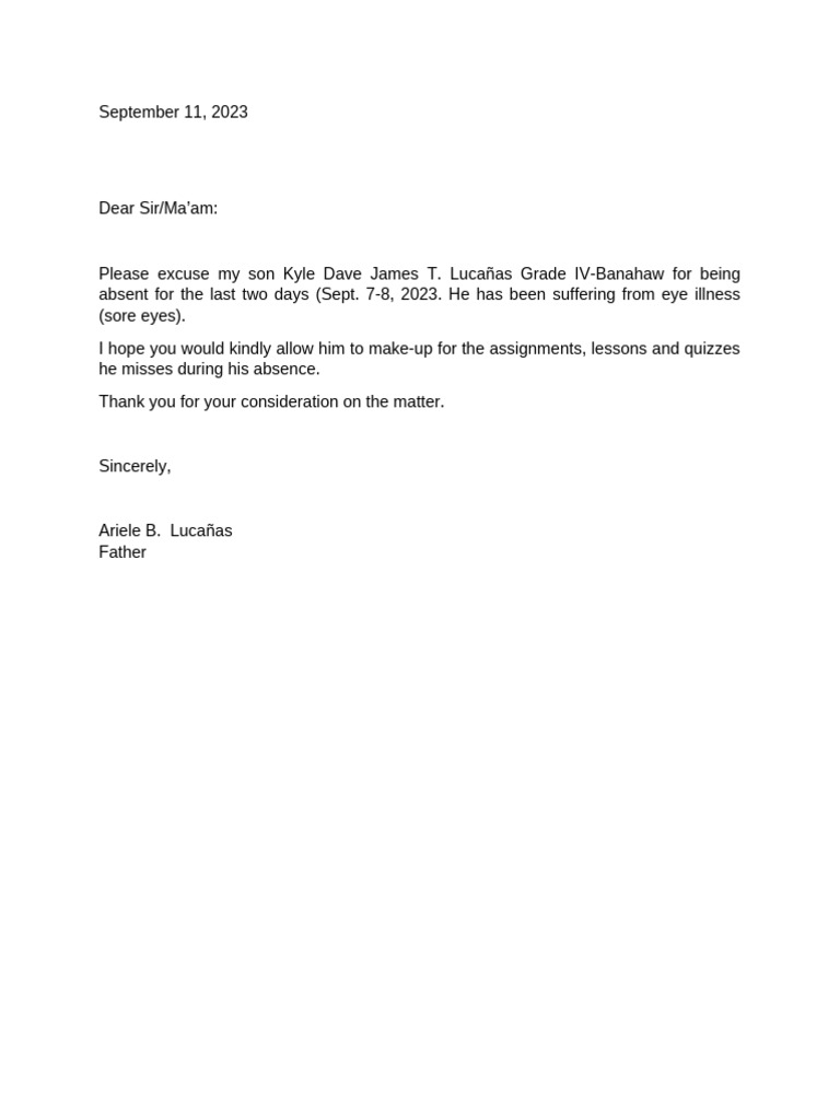 Kyle Excuse Letter | PDF
