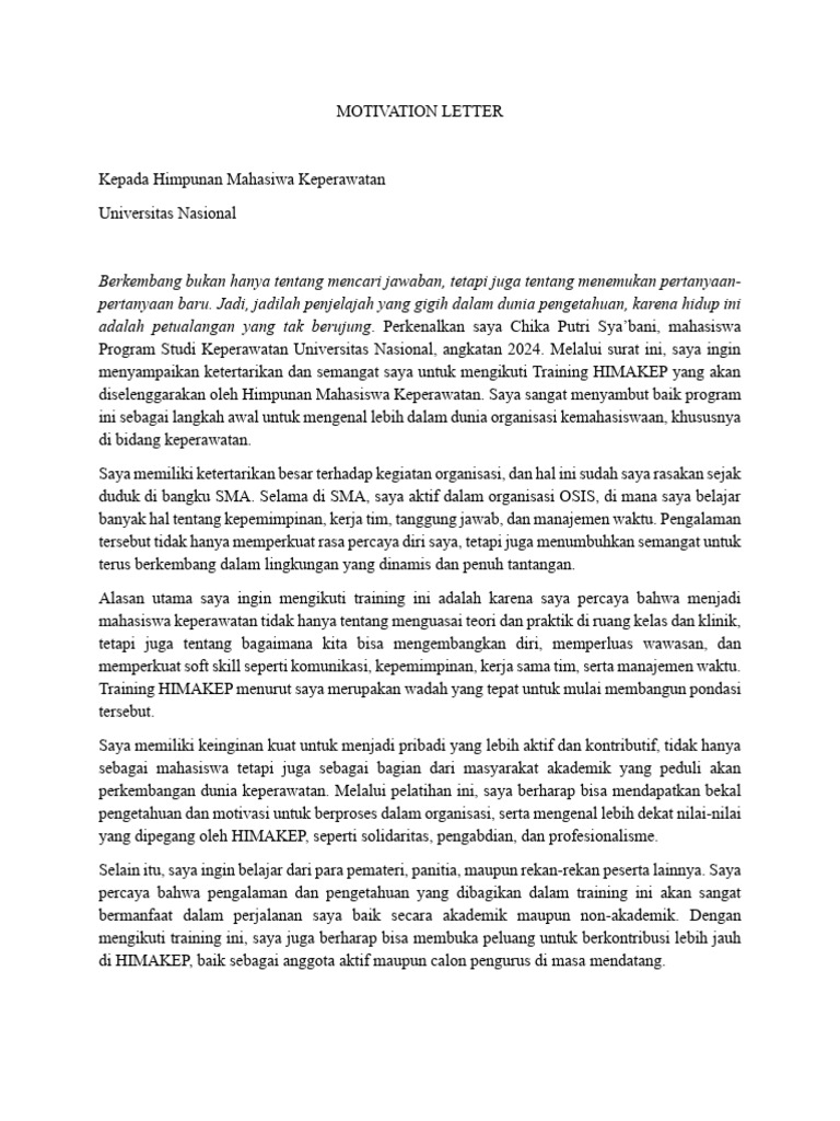Surat Motivasi Training HIMAKEP Keperawatan | PDF