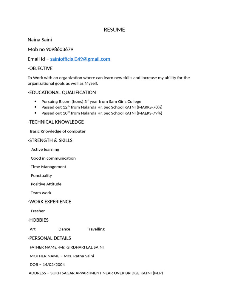 Naina Saini's Resume Overview | PDF