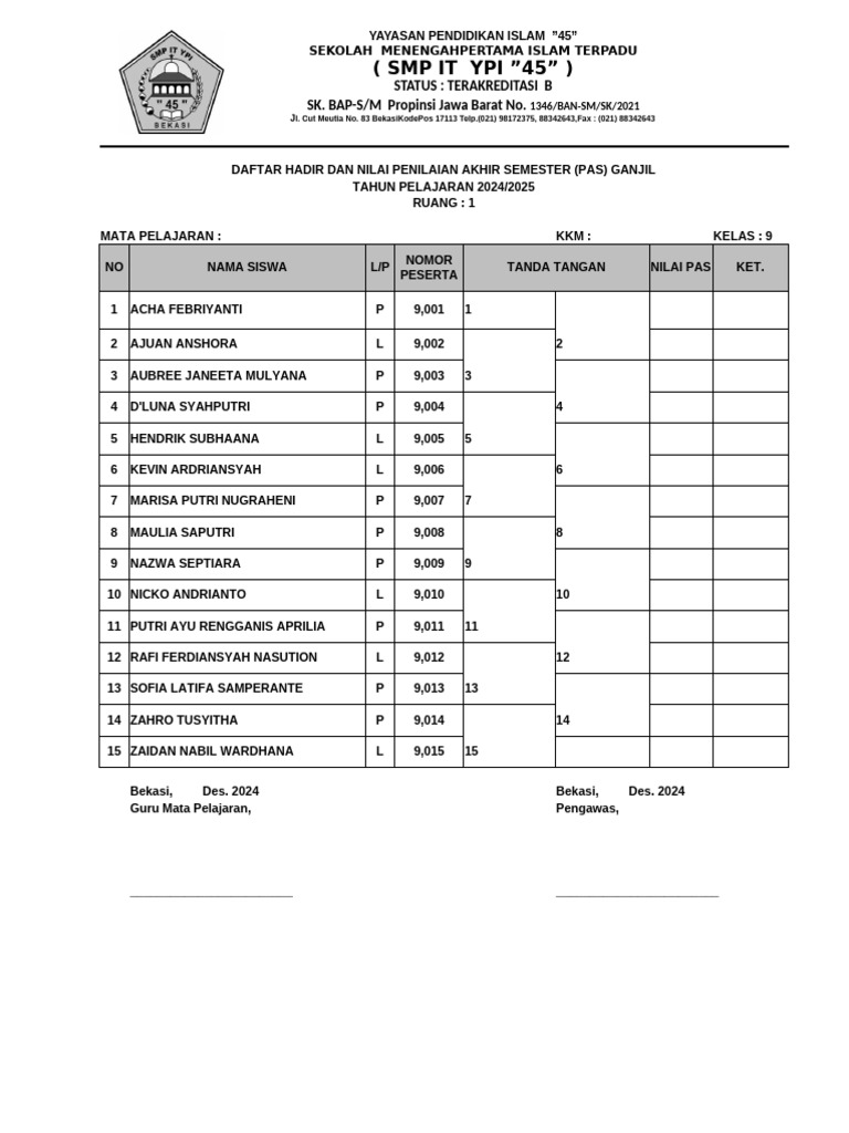daftar hadir dan nilai PAS | PDF