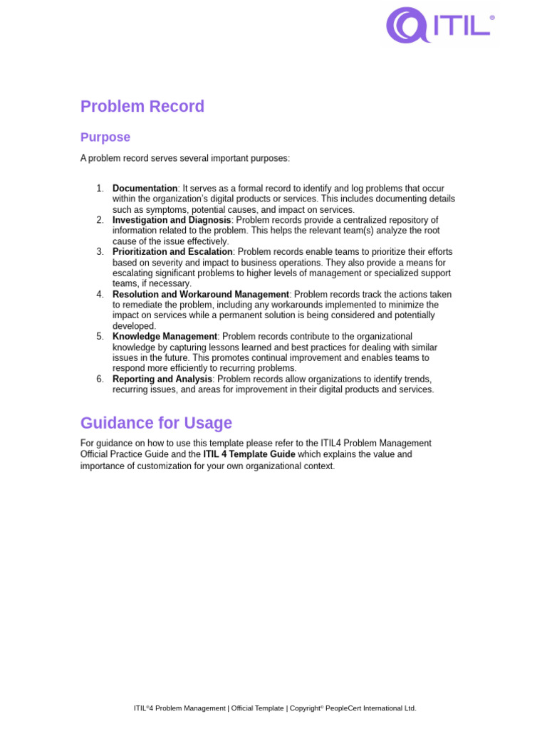 ITIL_4_Problem_Record_Template | PDF | Business