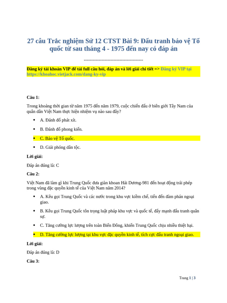 27 Cau Trac Nghiem Lich Su 12 Chan Troi Sang Tao Bai 9 Co Dap An - 2025 - 05 - 13 | PDF