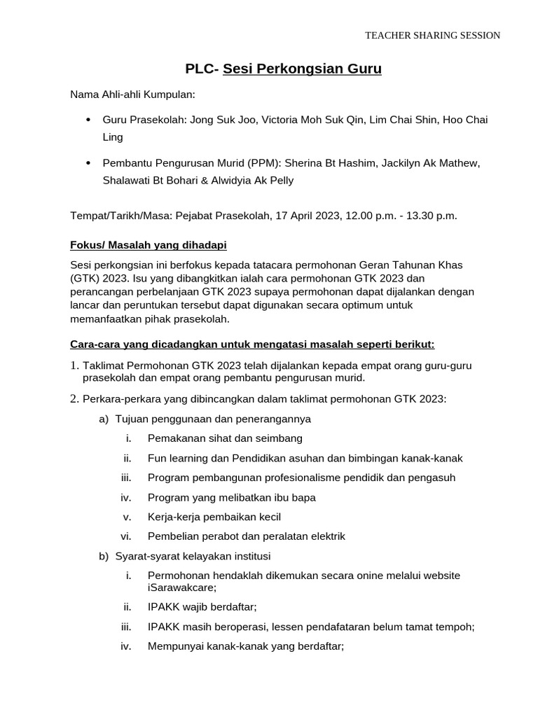 Sesi Perkongsian GTK 2023 untuk Guru Prasekolah | PDF