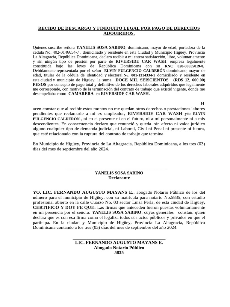 Recibo de Descargo y Finiquito Legal Por Pago de Derechos Adquiridos ...