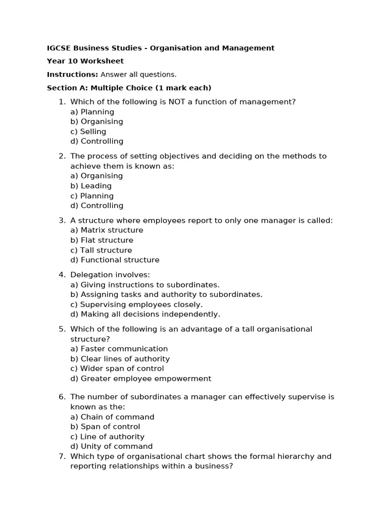 IGCSE Business Studies: Org & Management Quiz | PDF | Organizational ...