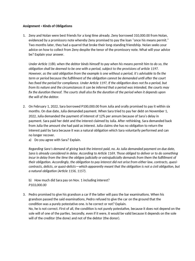 Assignment Kinds of Obligation | PDF | Legal Liability | Law Of Obligations