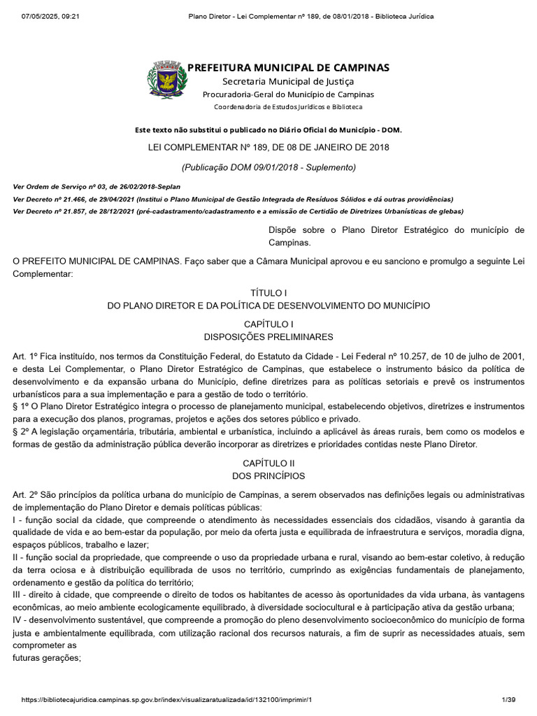 Plano Diretor - Lei Complementar #189, de 08-01-2018 - Biblioteca Jurídica | PDF | Planejamento ...