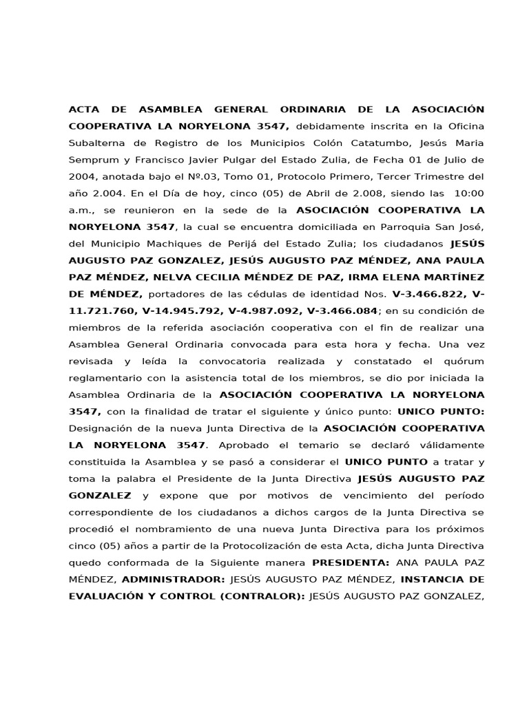 Acta Cambio de Junta Directiva | PDF | Gobierno