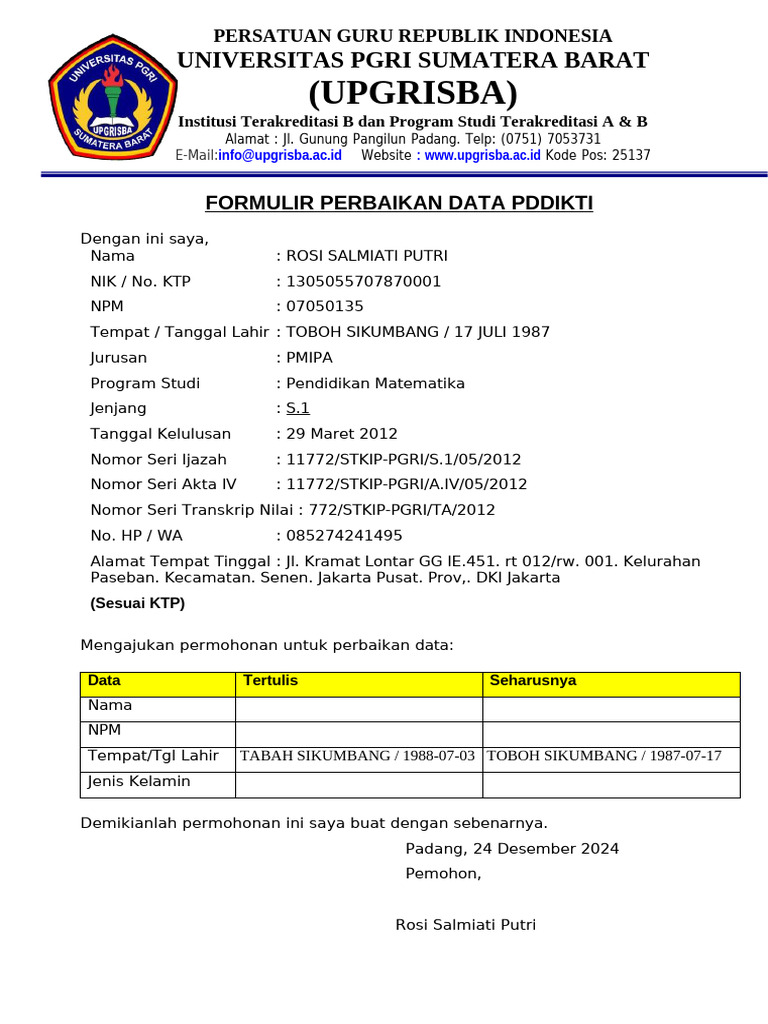 Formulir Perbaikan Data Pddikti | PDF