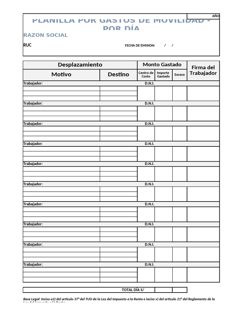 Planilla Gasto de Movilidad | PDF