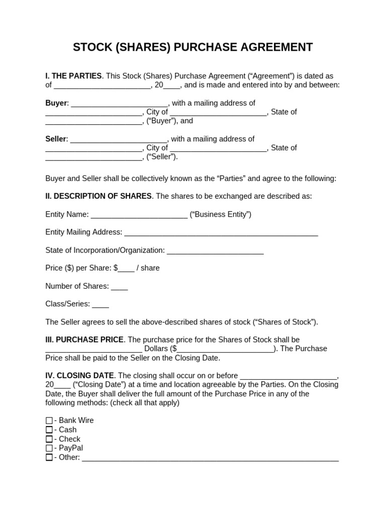 Stock Purchase Agreement Template | PDF | Stocks | Security Interest
