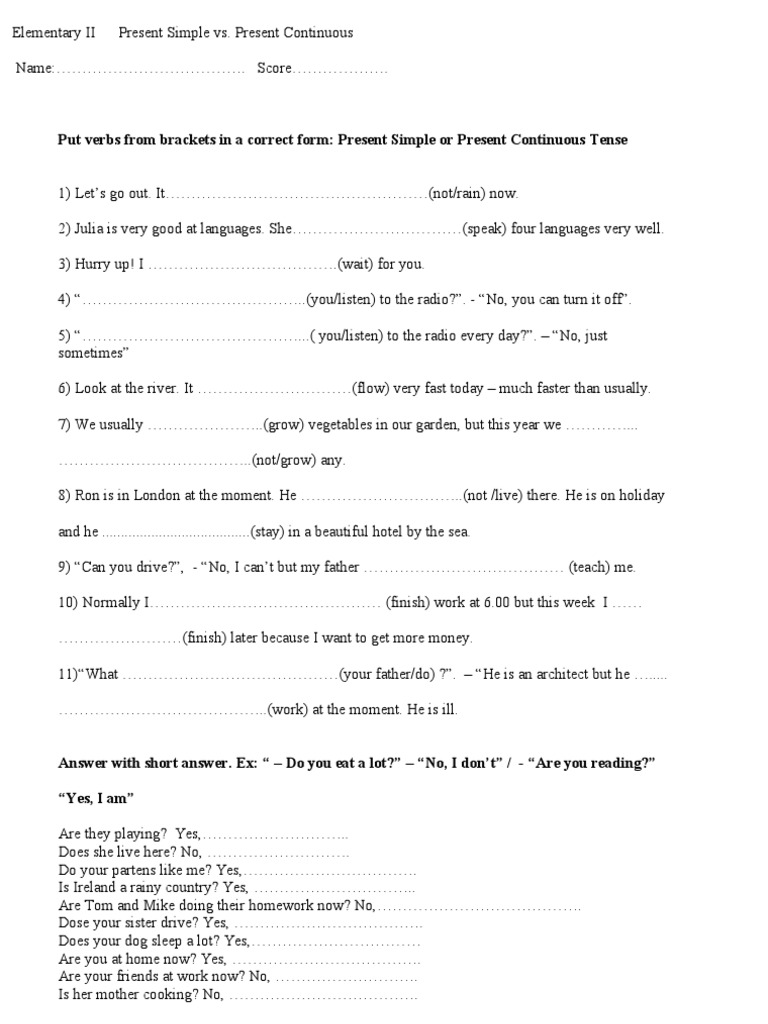 Present Simple vs. Present Continuous Exercises | PDF