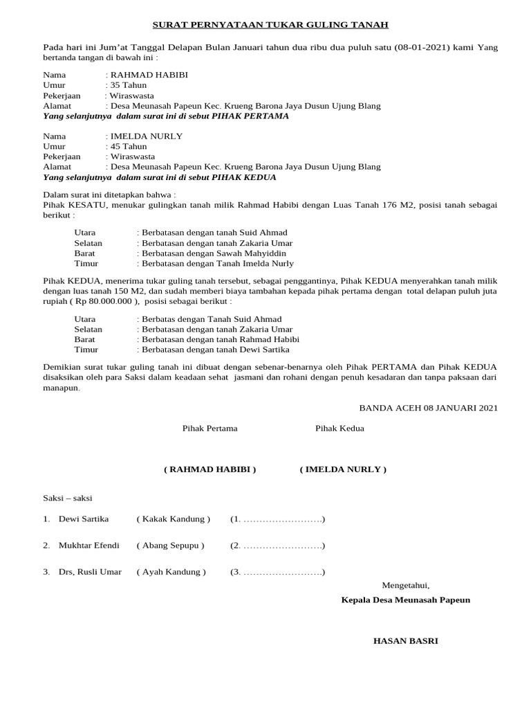 Surat Pernyataan Tukar Guling Tanah | PDF