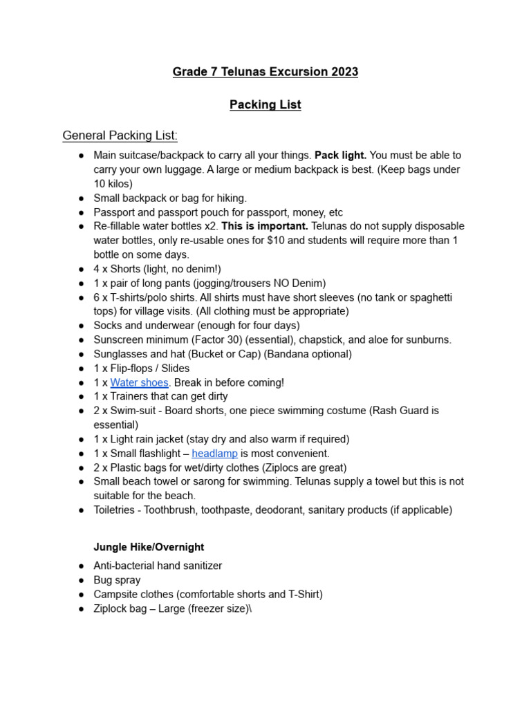 Grade 7 Packing List Telunas Excursion 2023（副本） | PDF