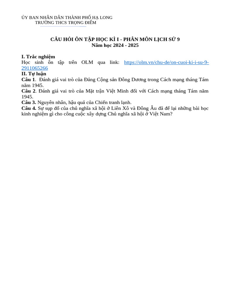 Câu Hỏi Sử 9 - HK1 | PDF