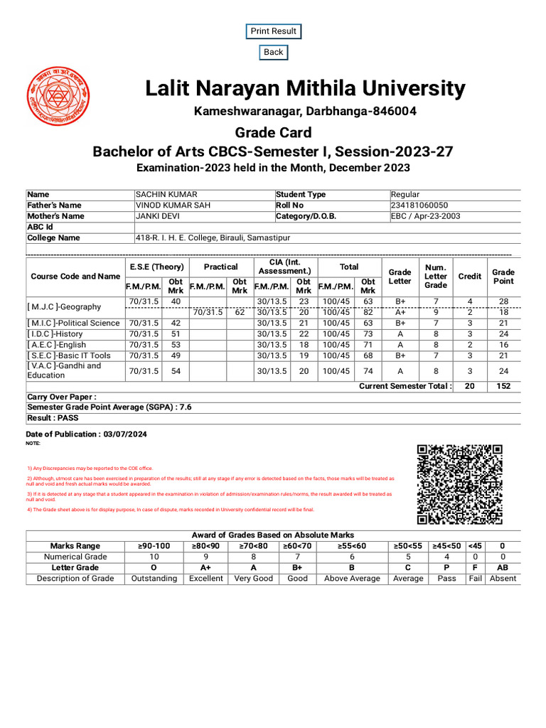 Sachin Sem 1 Result_101441 | PDF | Computer Programming