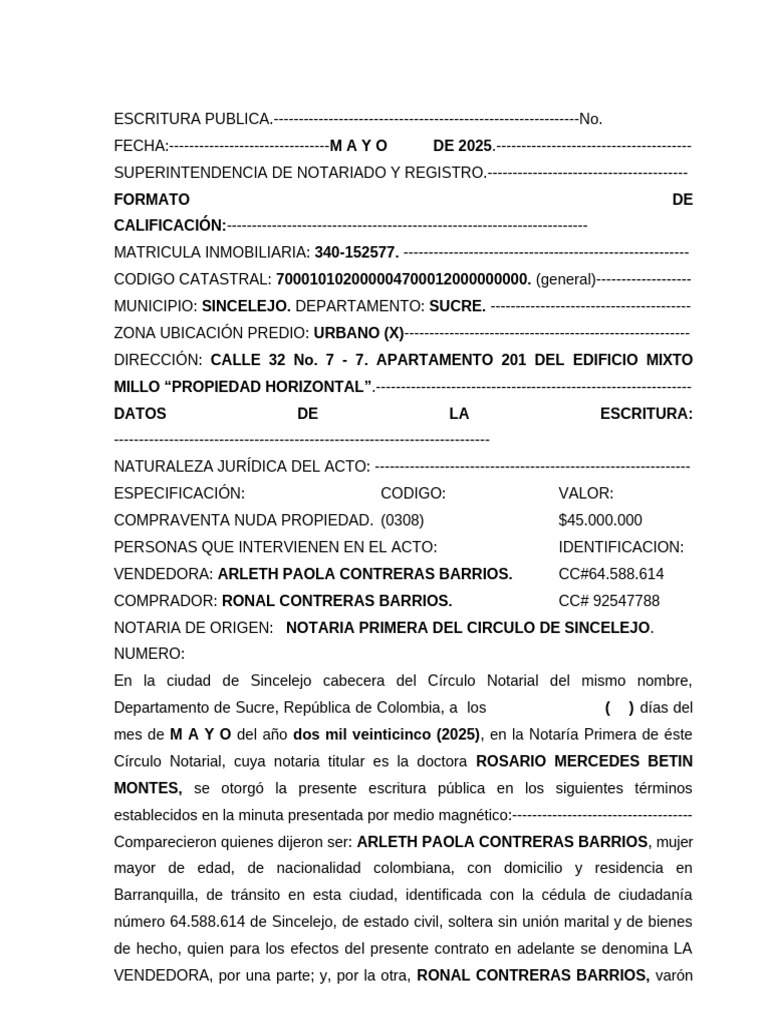 ARLETH CON TRERAS aRONAL CONTRERAS, Venta Del APTO 201. | PDF | Propiedad | Derecho Civil ...