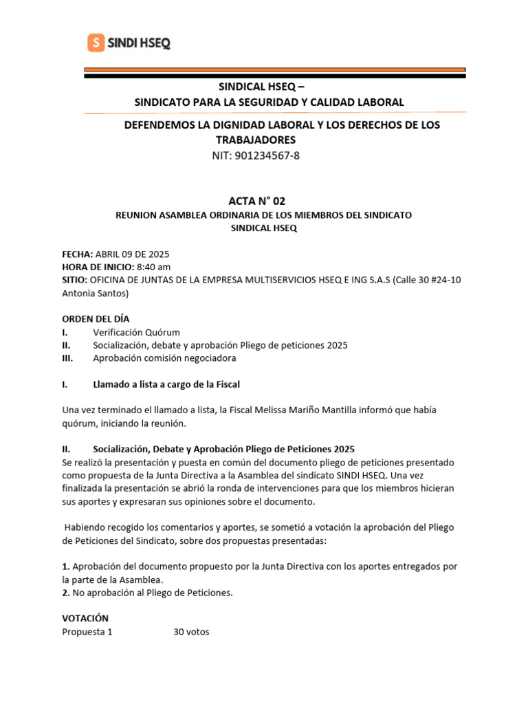 ACTA N° 2 Pliego de Peticiones - SINDI HSEQ | PDF | Gobierno