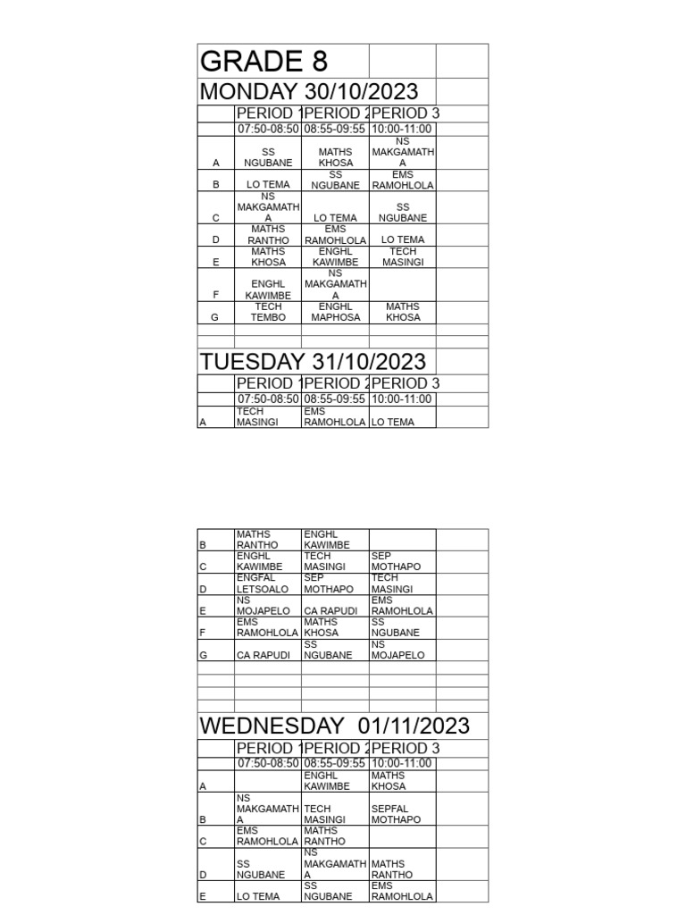 Grade 8 Timetable Final | PDF