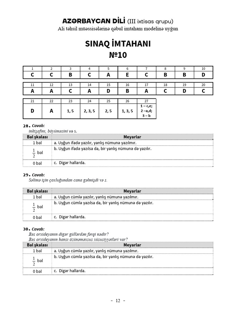 Azerbaycan Dili Qrup 3 AZ Sinaq 10 | PDF